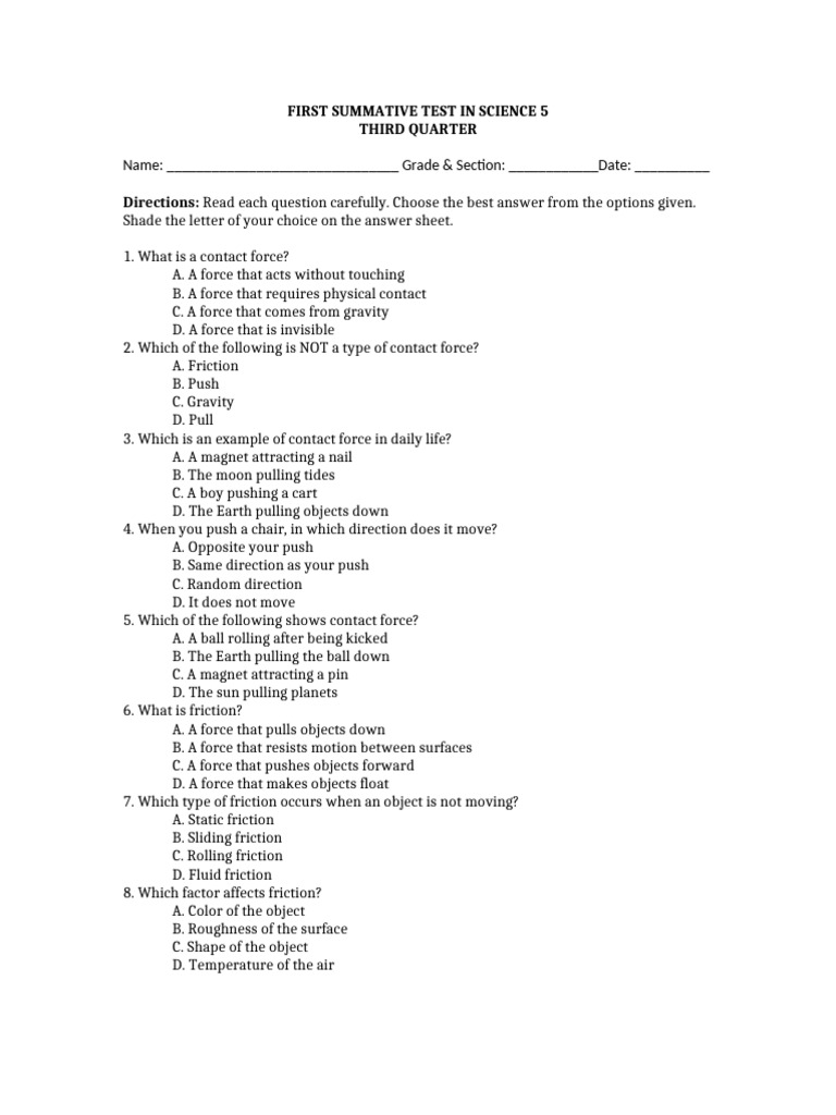 Science 5 Quarter 3 Test on Forces | PDF | Force | Friction
