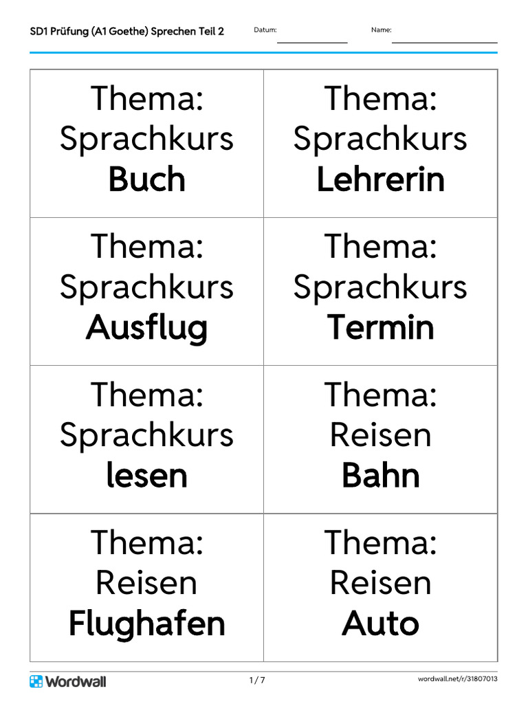 Sd1 Prüfung a1 Goethe Sprechen Teil 2 Flash Karten (1) | PDF