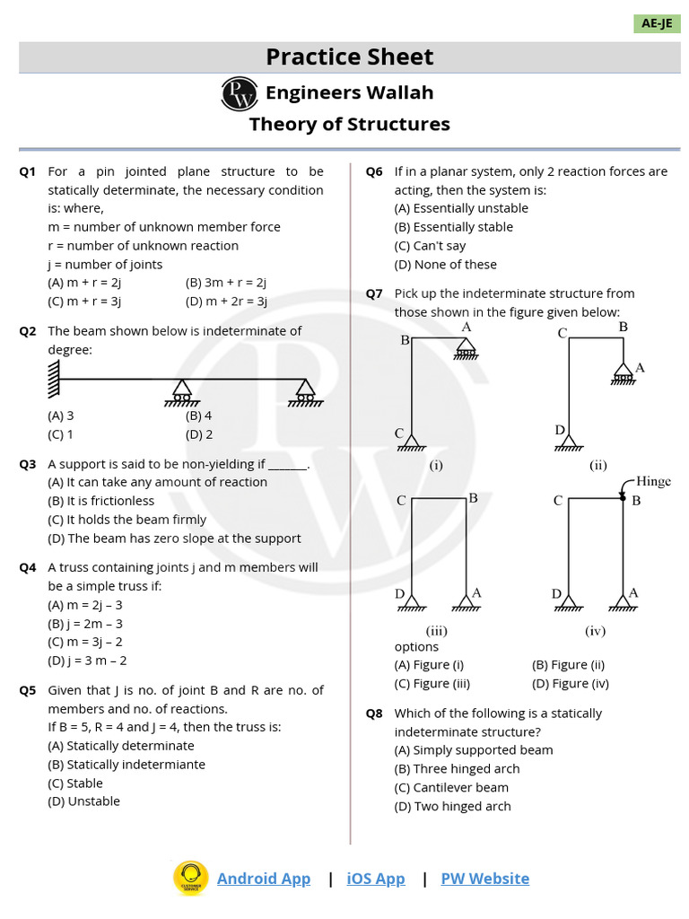 Theory of Structures Practice Sheet 01 (English) __ PDF Only | PDF ...