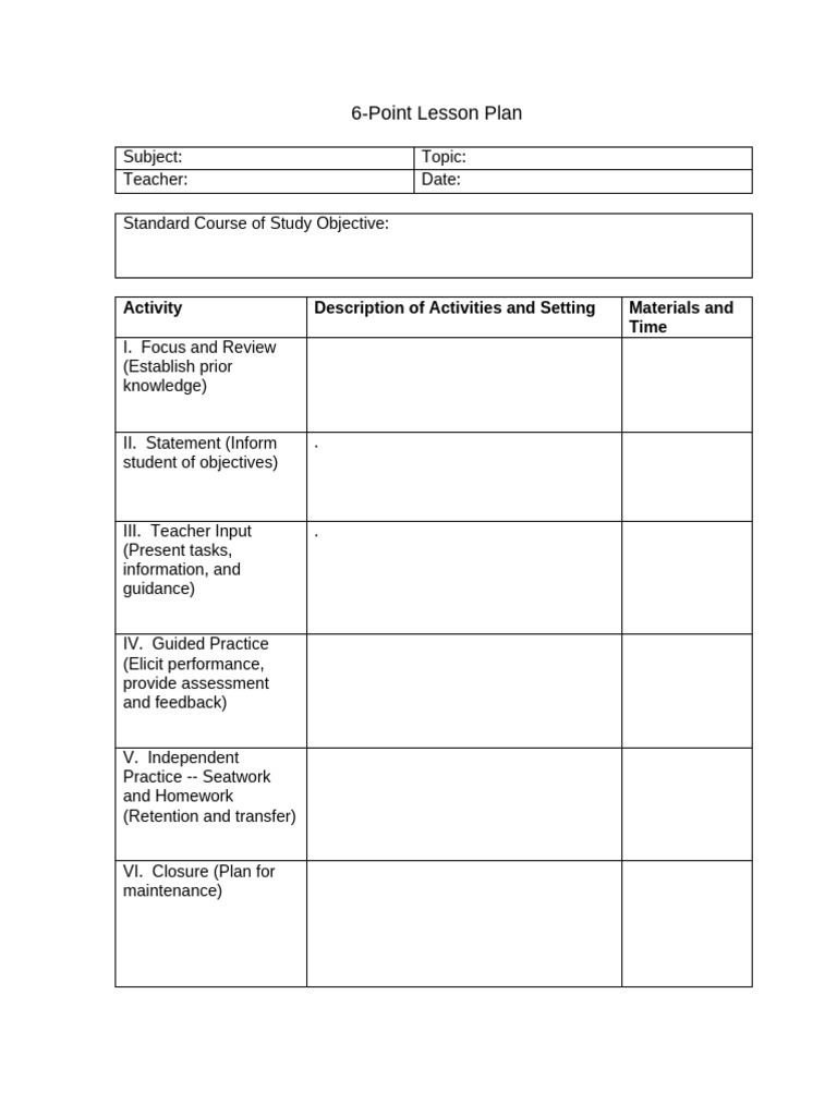 6 Point Lesson Plan Format | PDF