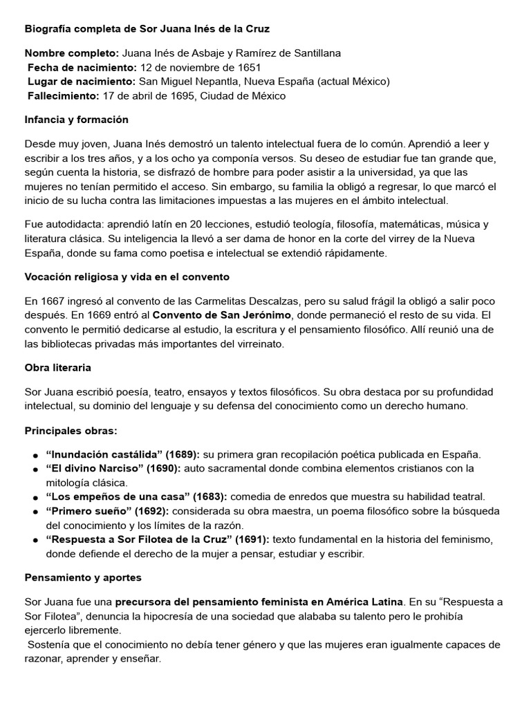 Biografía completa de Sor Juana Inés de la Cruz | PDF