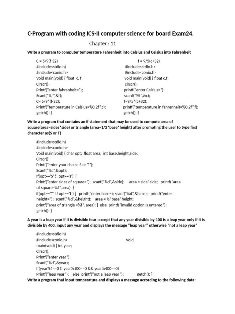 C Programs With Coding ICS-II for Board Exam.24 | PDF | Fahrenheit | Computer Programming