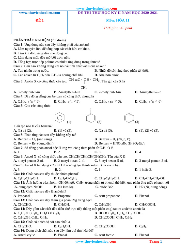 thuvienhoclieu.com-Bo-de-thi-thu-Hoa-11-HK2 | PDF