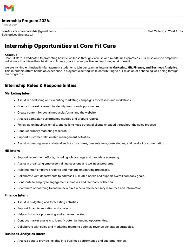 Core Fit Care Internship Opportunities 2026 | PDF | Analytics | Internship