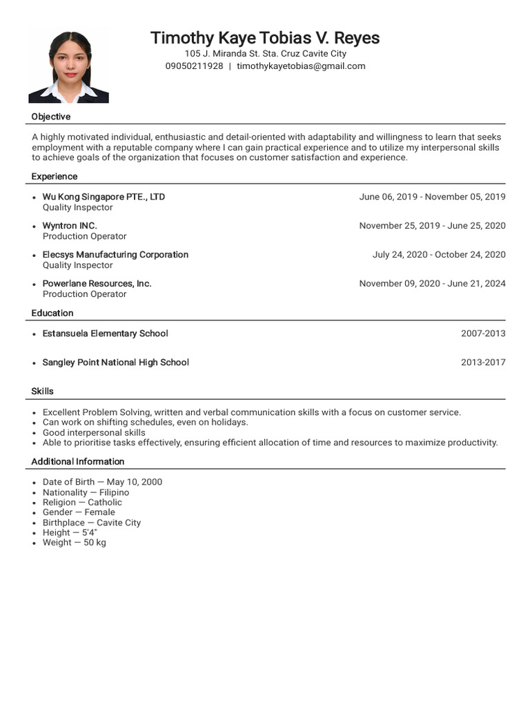 Job Seeker Profile: Timothy Kaye Tobias | PDF