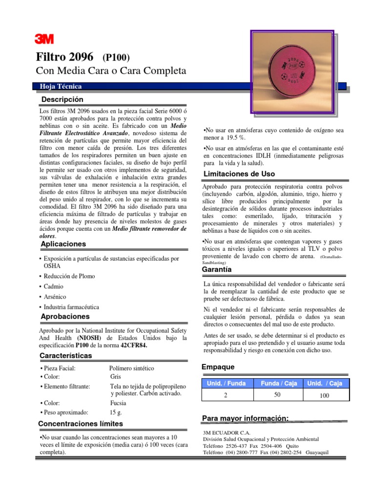 Hoja técnica del filtro respiratorio 3M 2096 para protección contra polvos y neblinas | PDF ...