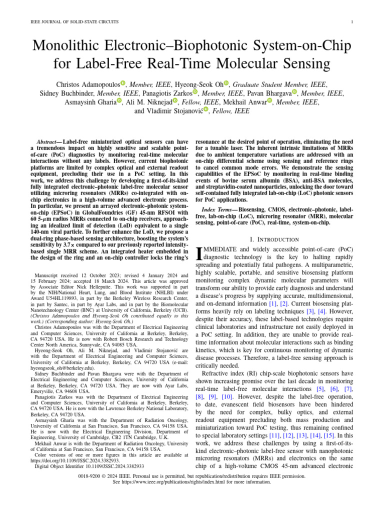 Integrated Biophotonic Sensor for PoC | PDF | Laser | Photonics