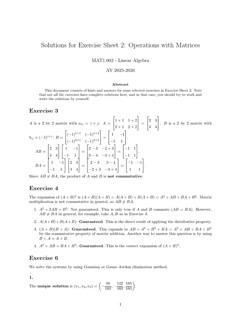 Linear Algebra Solutions 2 | PDF | Matrix (Mathematics) | Functions And ...