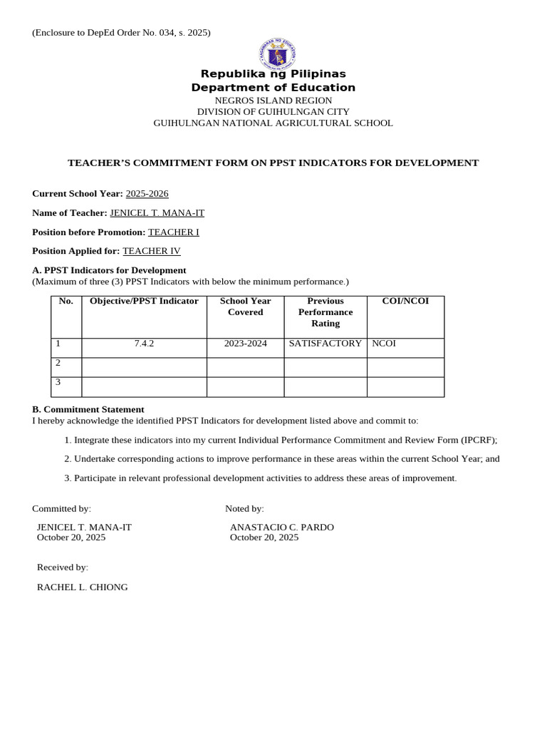 Teacher Commitment Form PPST Indicators | PDF