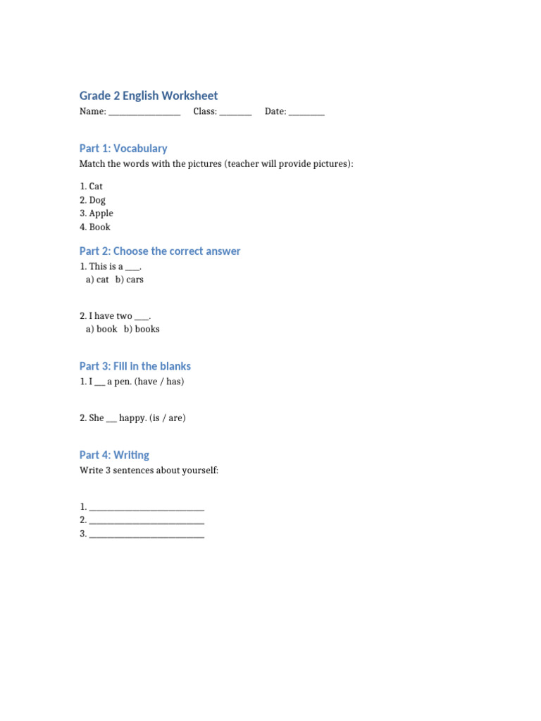 Grade 2 English Vocabulary Worksheet | PDF