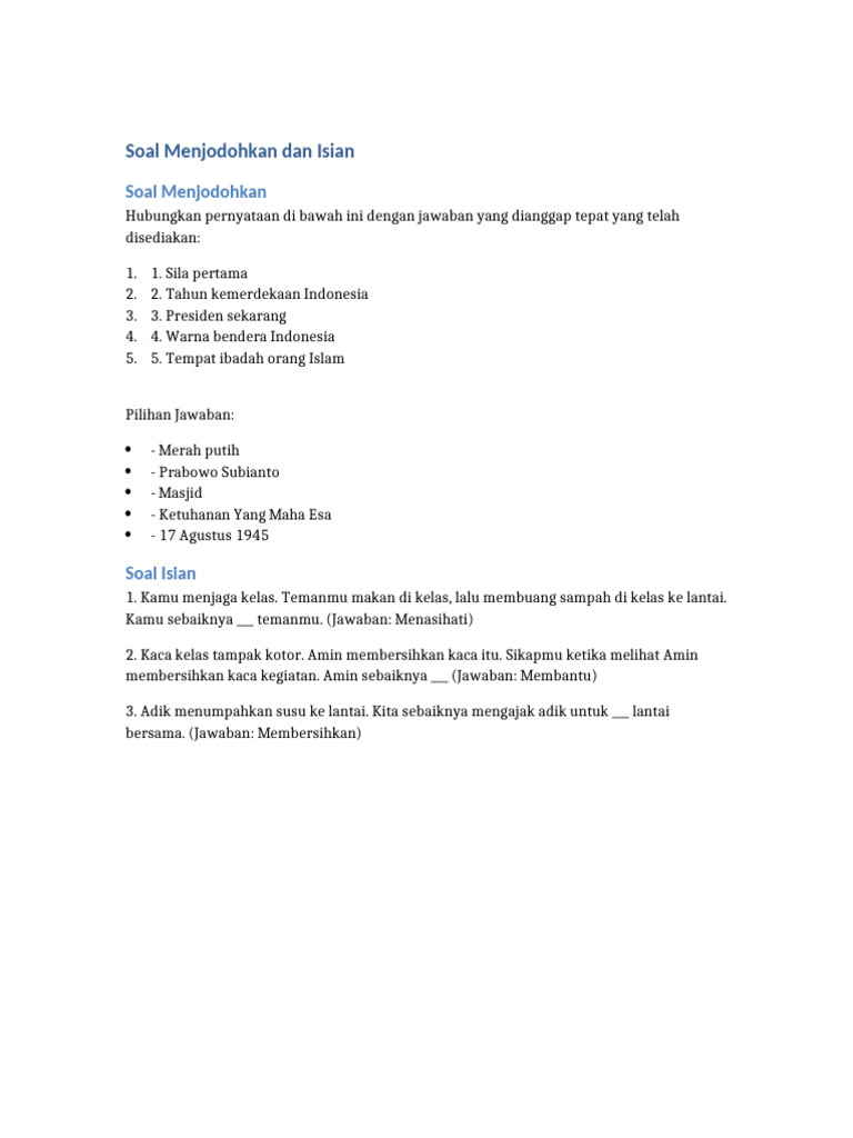Soal Menjodohkan Dan Isian | PDF