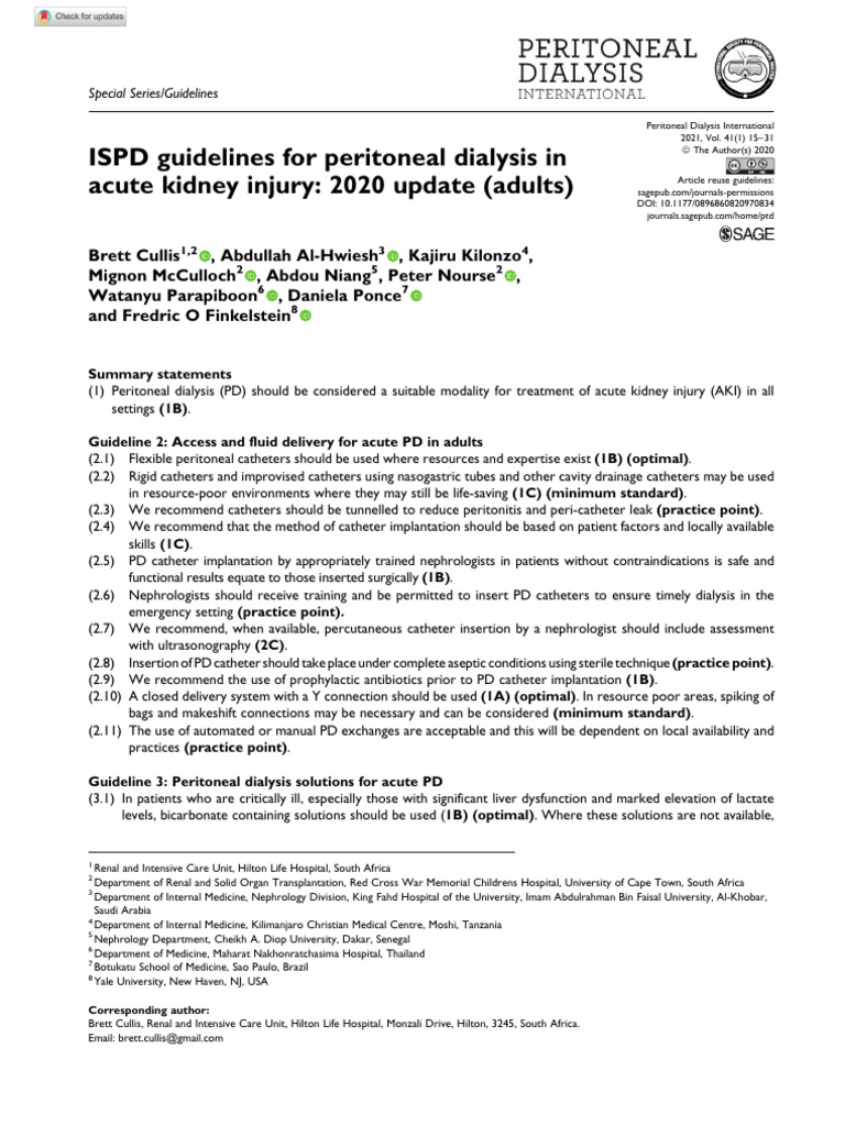 Cullis Et Al 2020 Ispd Guidelines for Peritoneal Dialysis in Acute ...