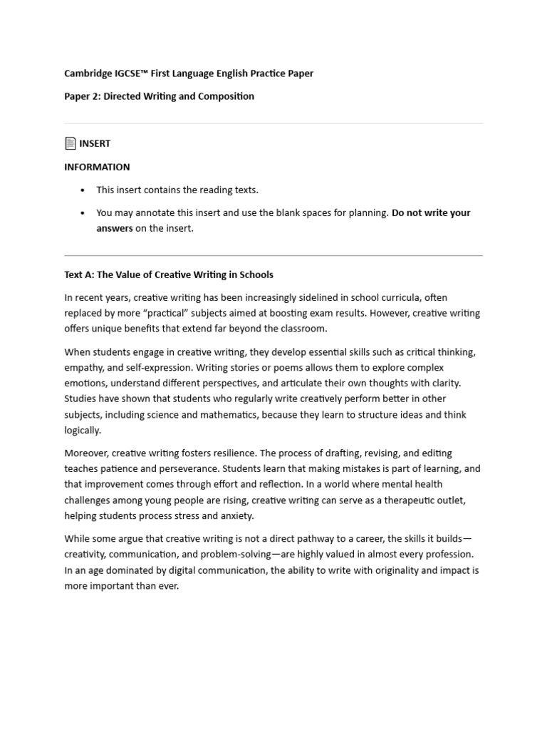 IGCSE Creative Writing Practice Paper | PDF | Creative Writing | Creativity