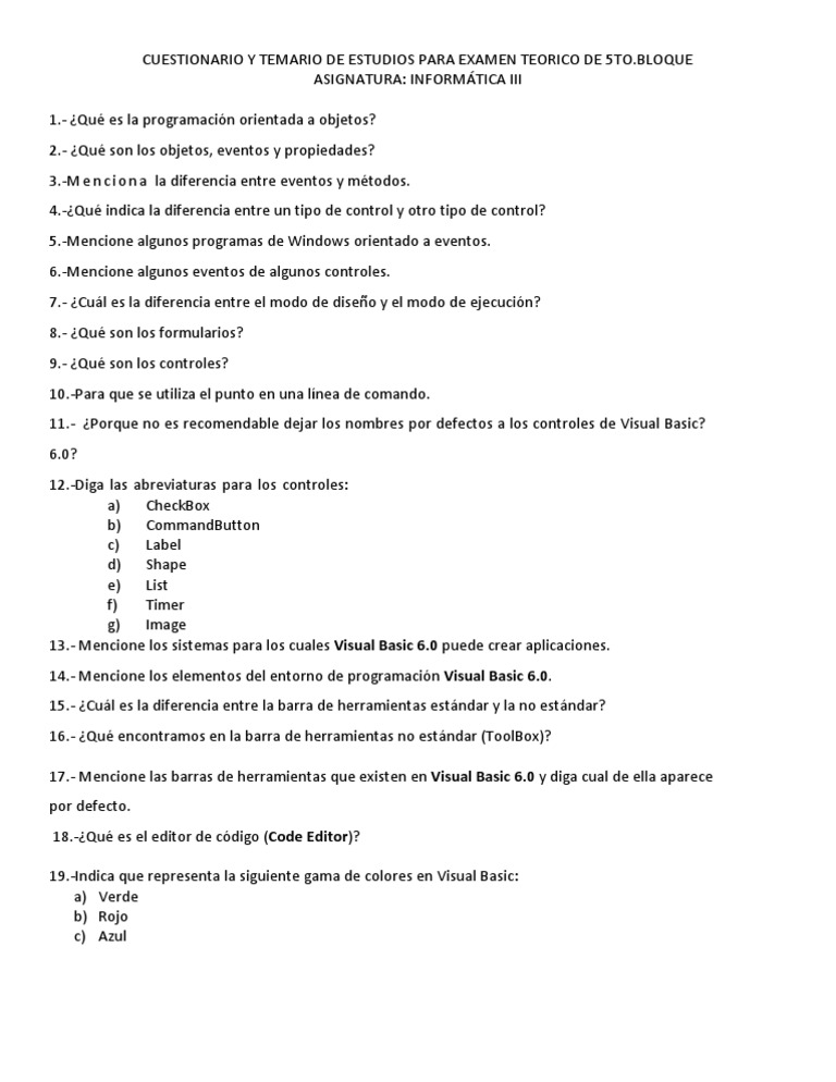 Cuestionario - Programación Visual Basic | PDF