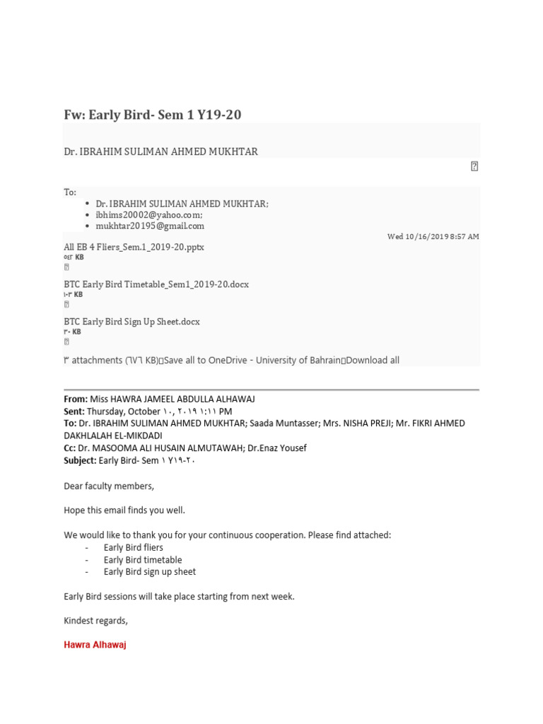 Ibrahim Suliman Ahmed-Early Bird Arabic- Sem 1 Y19-20 | PDF