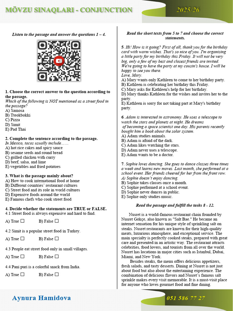 Conjunction - Movzu Sinaqlari 2025-2026 | PDF | Cooking | Cuisine