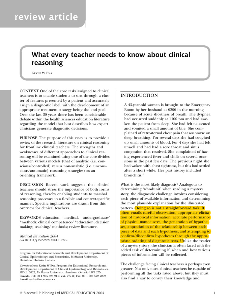 Clinical Reasoning for Teachers | PDF | Medical Diagnosis | Reason