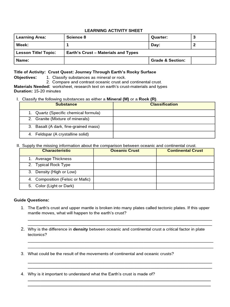 Science 8 q3 Week 1 Las Bnahs Day 2 | PDF | Crust (Geology) | Earth