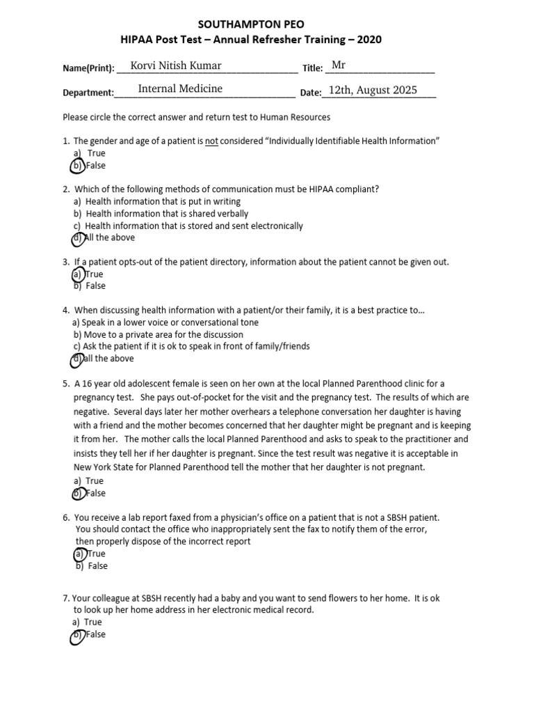 HIPAA Compliance Post-Test 2020 | PDF | Social Programs | Medicine