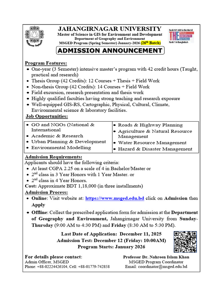 Jahangirnagar University GIS Master's Admission | PDF