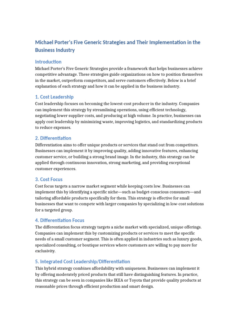 Porter Five Generic Strategies With Implementation | PDF | Market ...