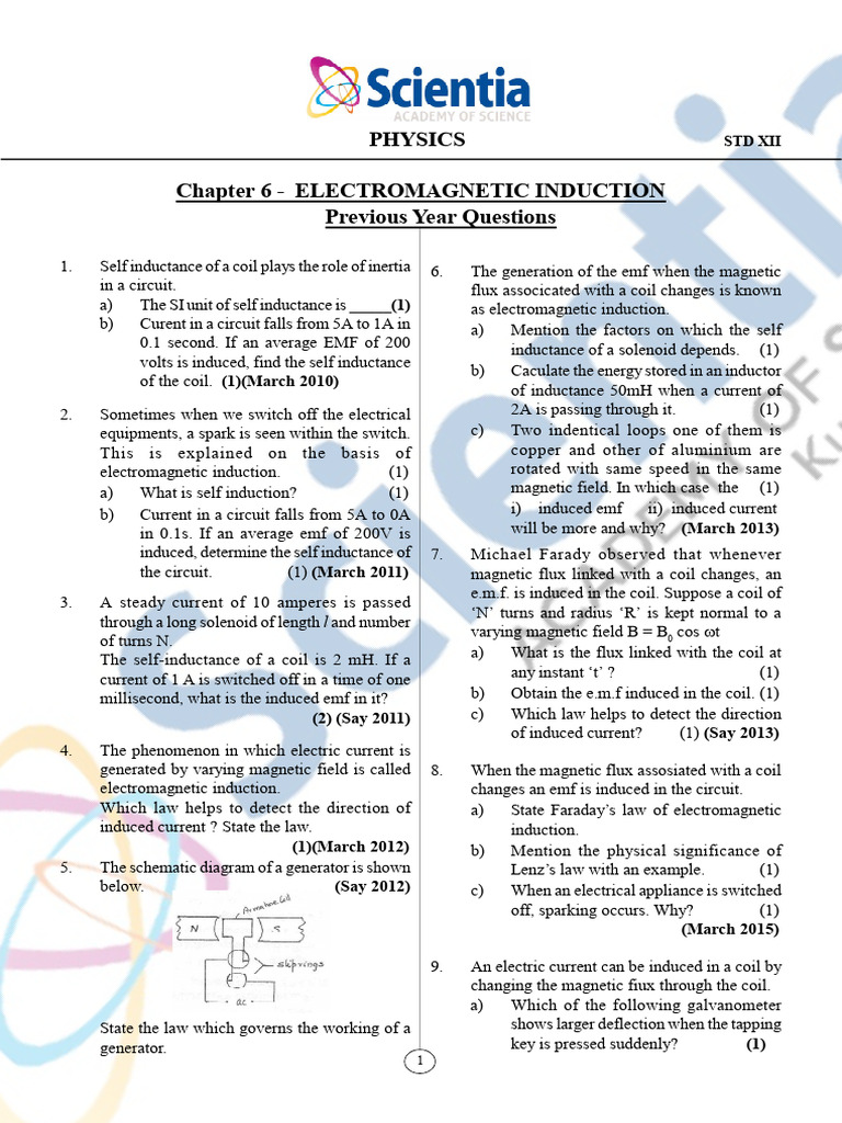 Self-Inductance and Electromagnetic Induction Questions | PDF ...