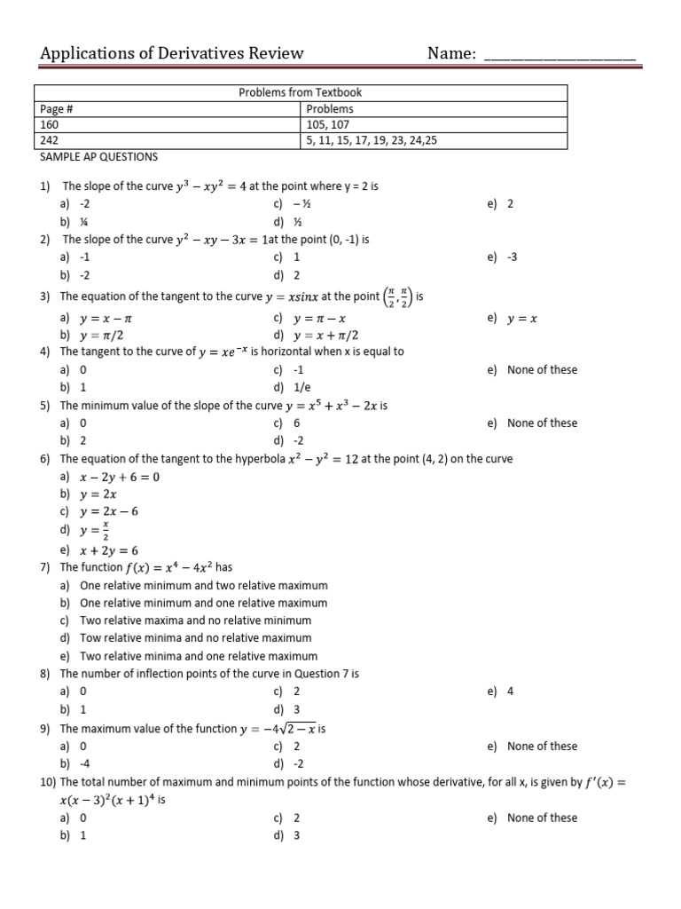 Derivative Applications Practice Problems | PDF | Tangent | Slope