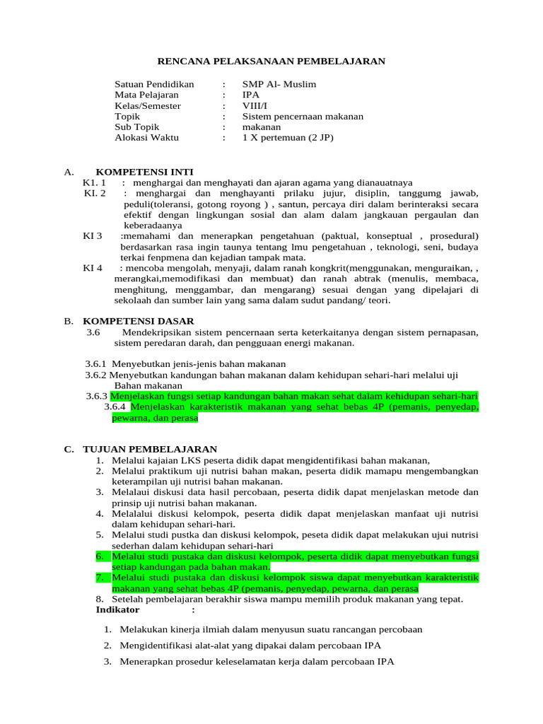 Rencana Pembelajaran Sistem Pencernaan | PDF