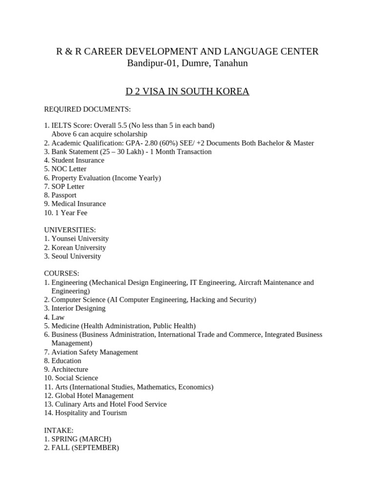 D2 Visa Requirements for South Korea | PDF | Travel Visa