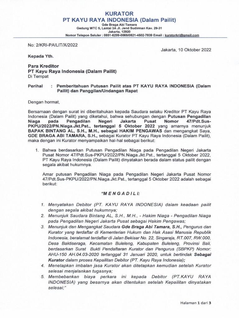 Surat Pemberitahuan Putusan Pailit PT KRI | PDF