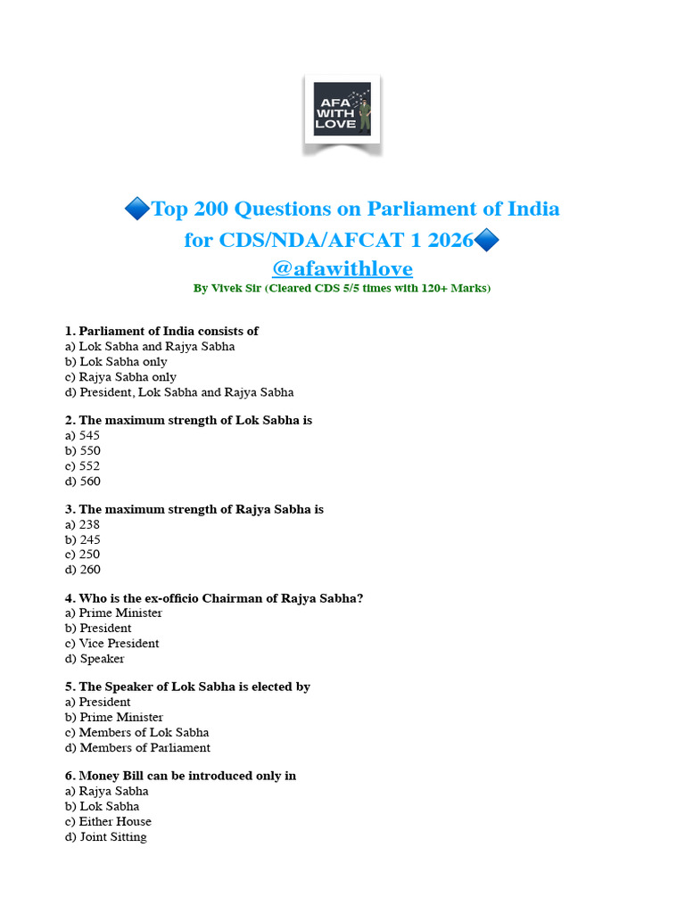 Top 200 Questions On Parliament of India - CDS - NDA - AFCAT by Vivek ...