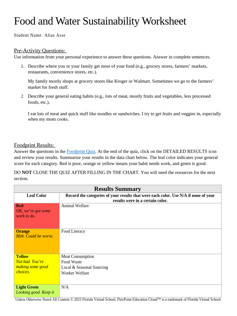 Food and Water Sustainability Worksheet | PDF | Organic Farming ...