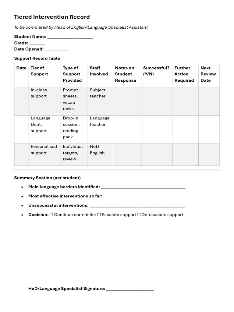 Tiered Intervention Record | PDF