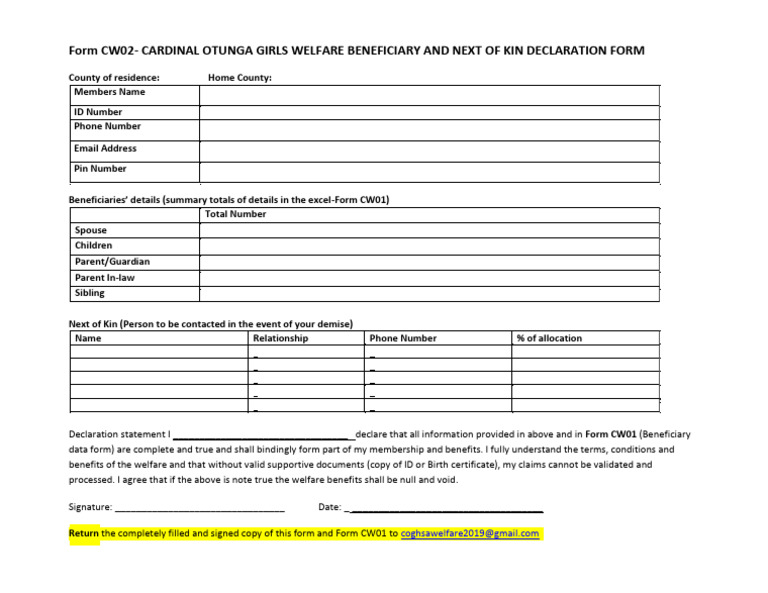 Form Cw02 Coghsa Welfare Beneficiary Declaration Form-1[1] | PDF