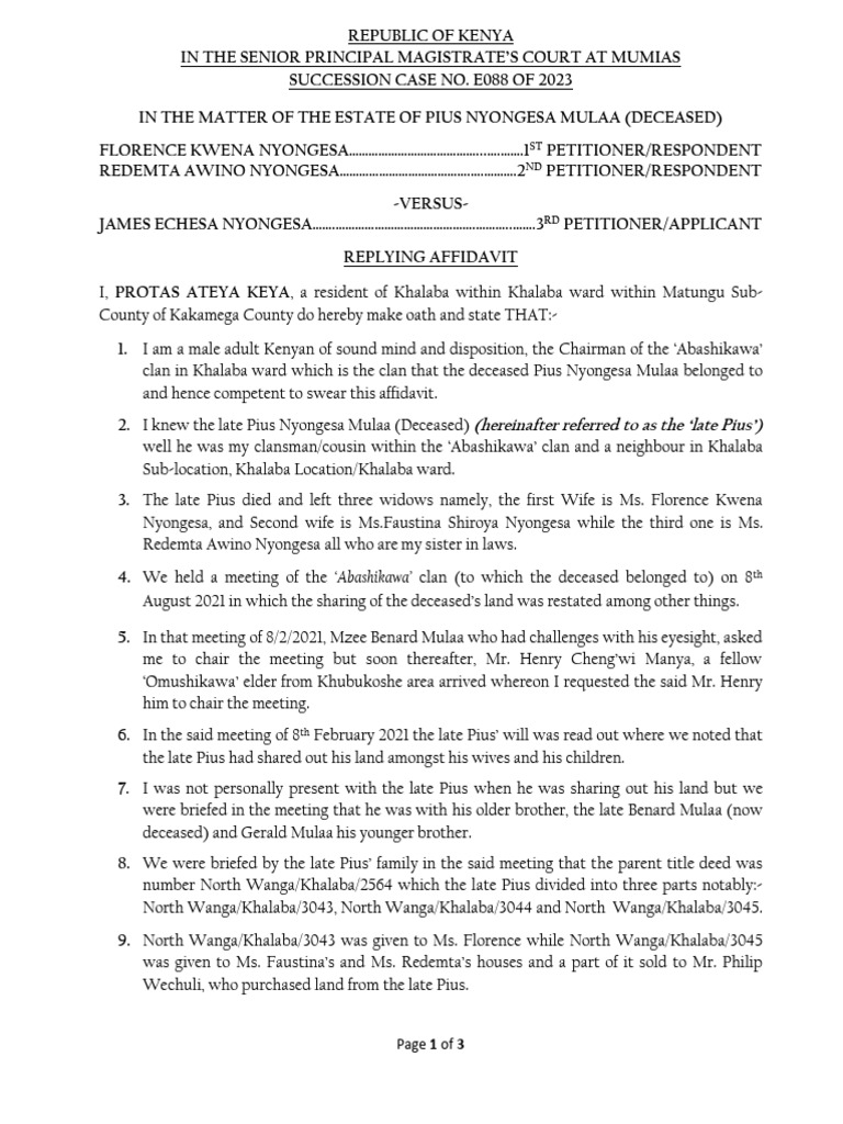 Senje Flora Kwena . -Replying Affidavit Protas Ateya Keya[1] | PDF ...