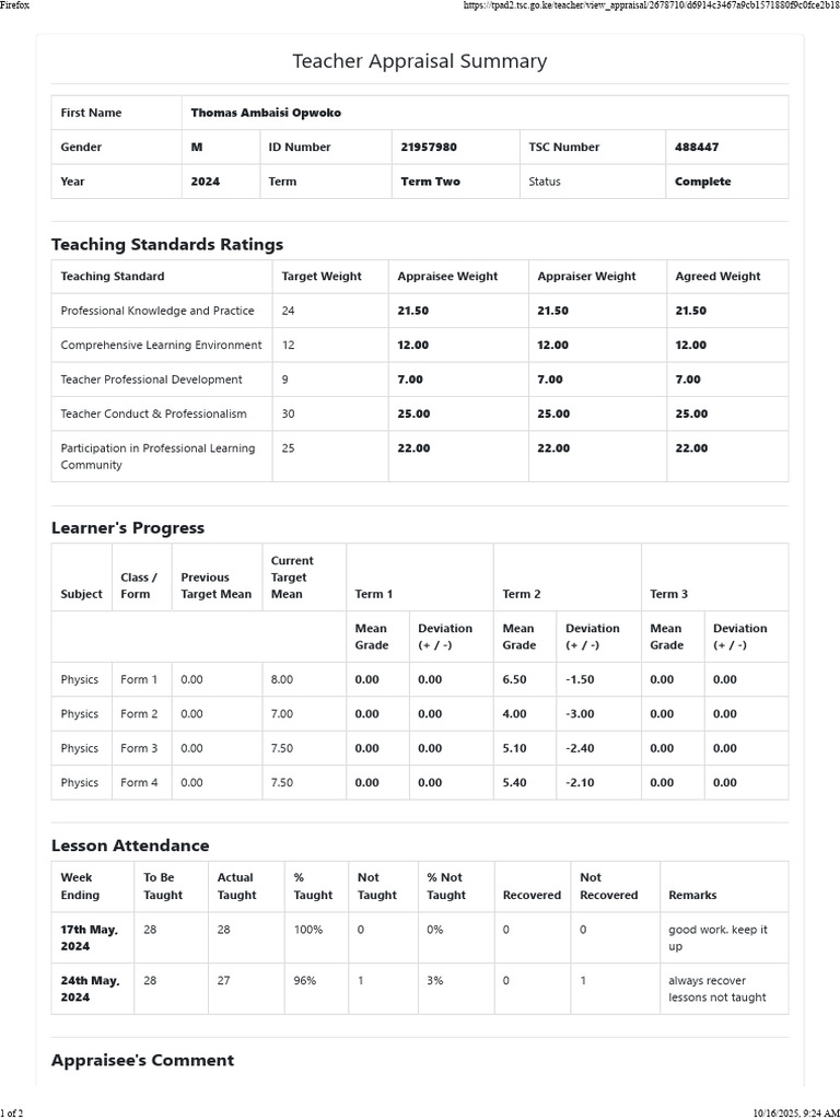 Teacher Appraisal Summary: Teaching Standards Ratings | PDF | Teachers ...