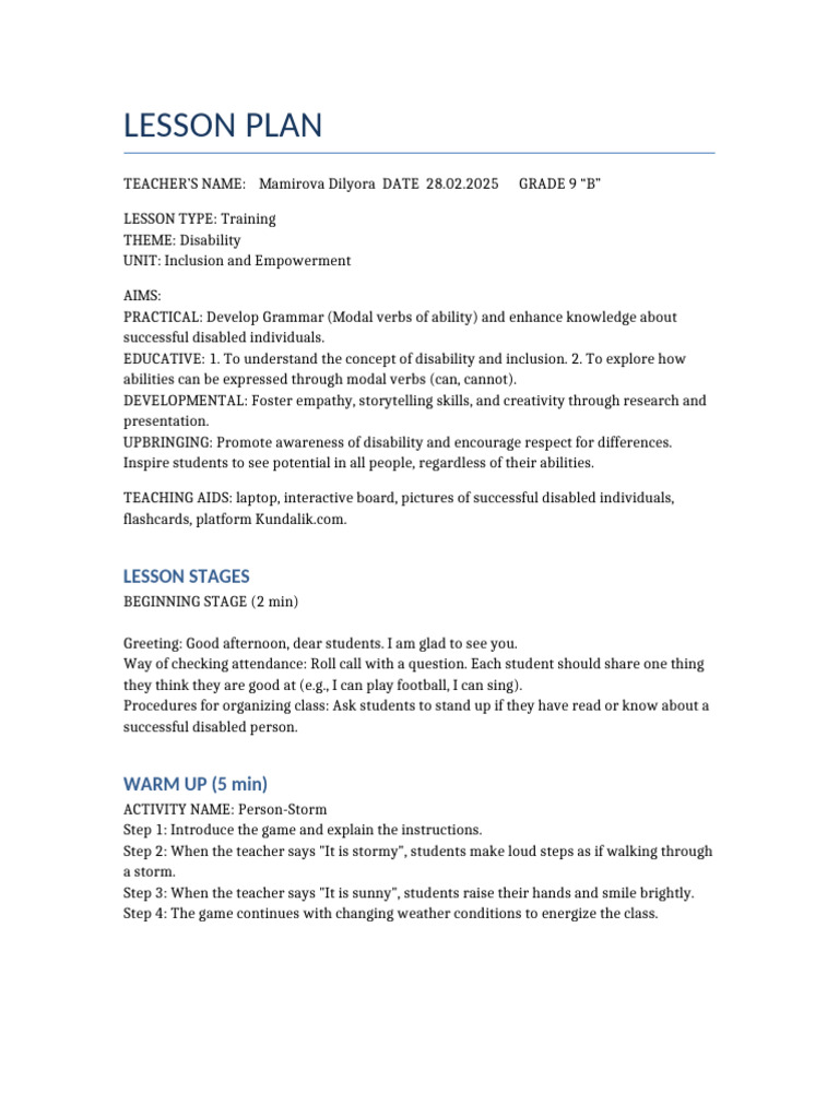 Lesson Plan Grade 9B Disability | PDF | Lesson Plan | Human Communication