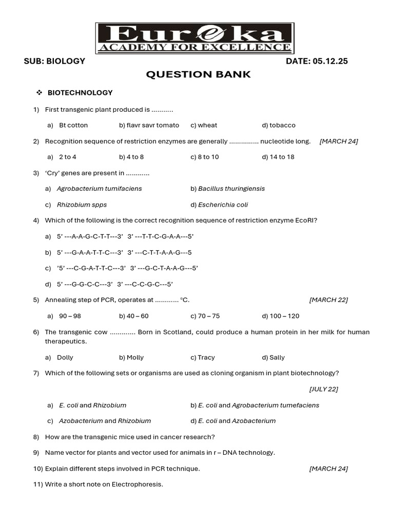 Biotechnology Question Bank for Students | PDF | Recombinant Dna ...