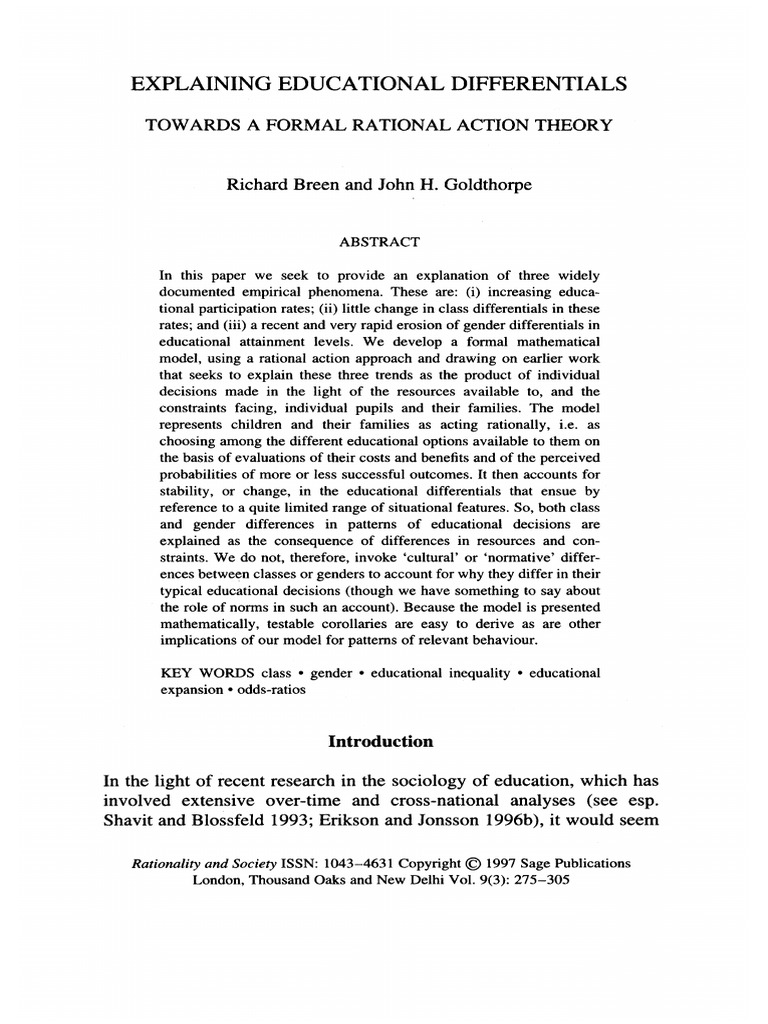 Breen Goldthorpe 1997 Explaining Educational Differentials | PDF