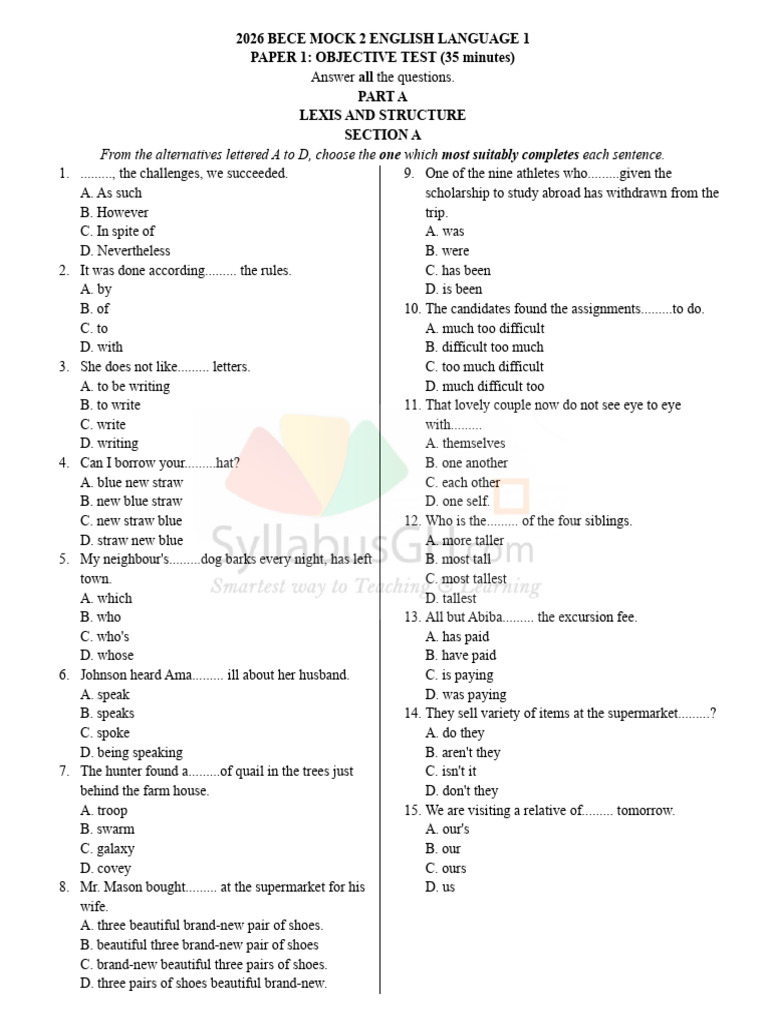 BECE Mock English Language Practice | PDF | Syllable