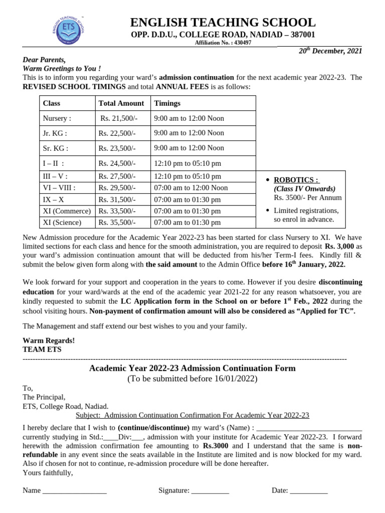 Admission Continuation Form - 2022-23 | PDF