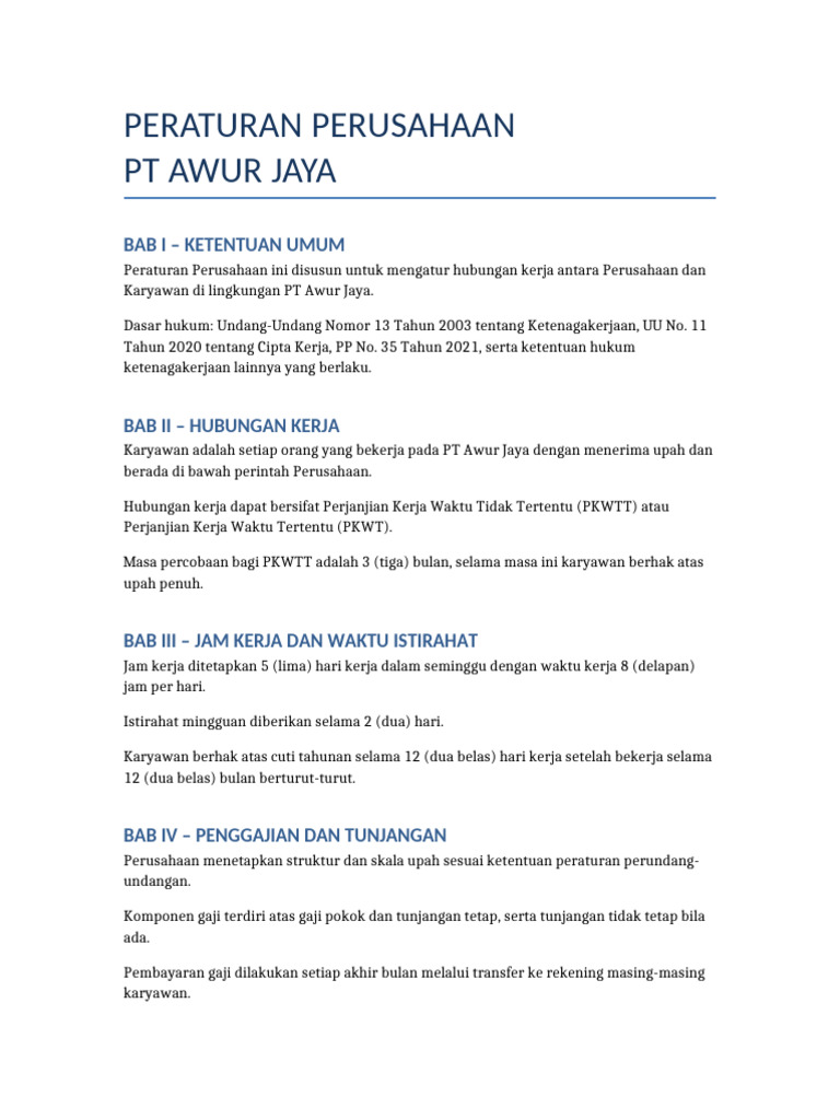 Peraturan Perusahaan PT Awur Jaya | PDF