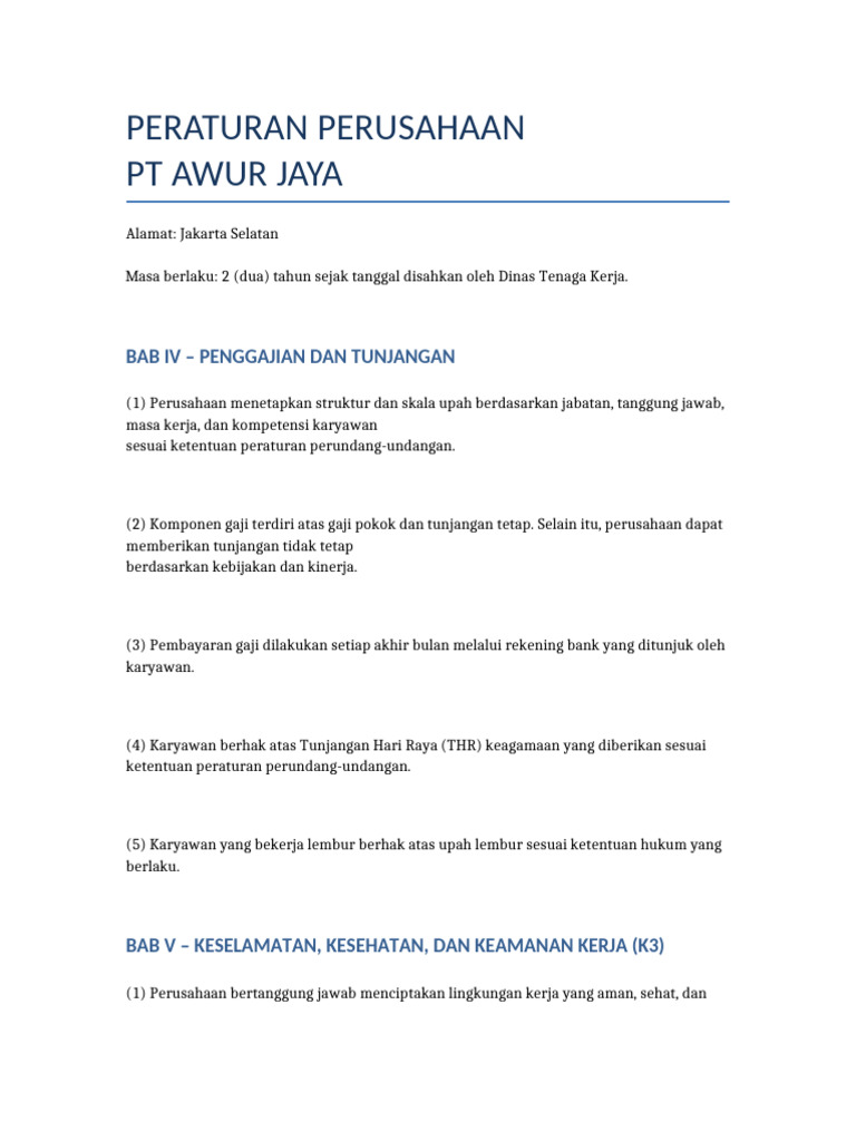Peraturan Perusahaan PT Awur Jaya Part2 | PDF