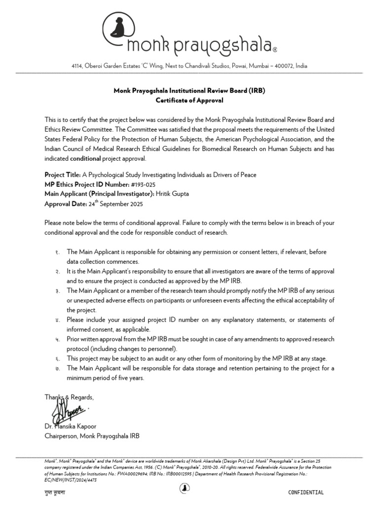 Monk Prayogshala IRB Approval Certificate | PDF | Institutional Review ...