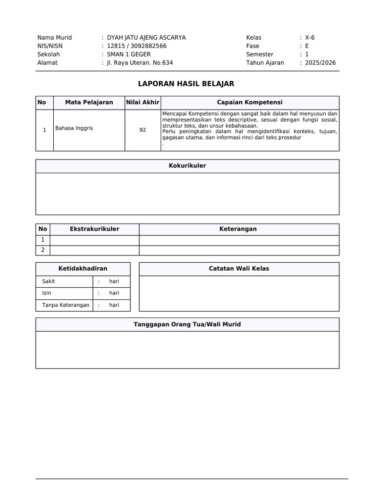 Laporan Hasil Belajar Dyah Jatu X-6 | PDF