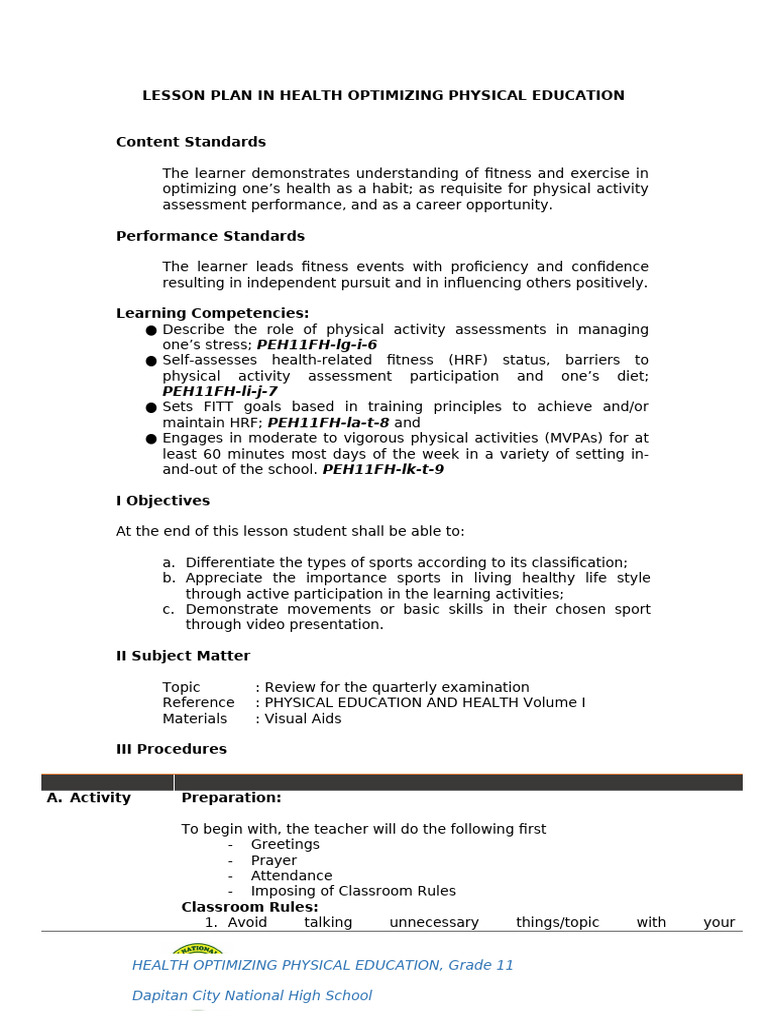 Grade 11 Health Optimizing PE Lesson Plan | PDF