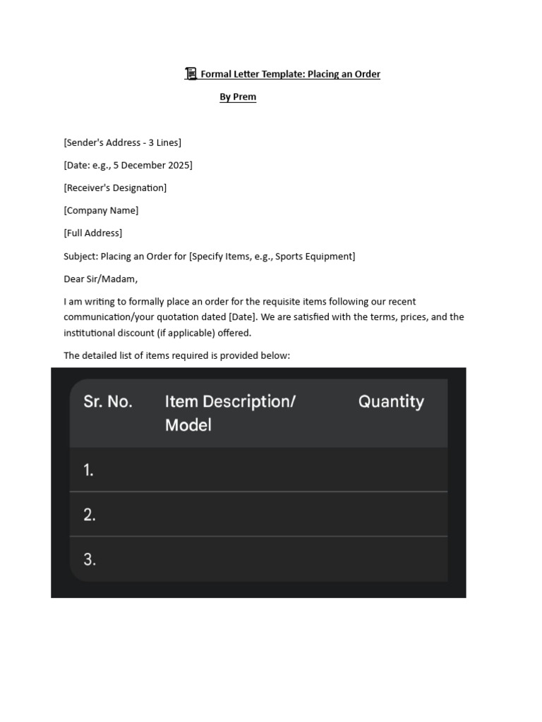 Placing Order Letter - Copy Paste Template | PDF