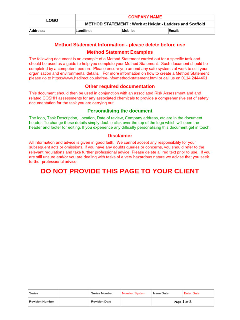 Work at Height Method Statement Guide | PDF | Scaffolding | First Aid