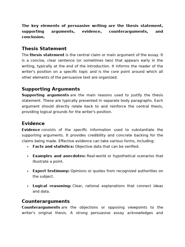 The Key Elements of Persuasive Writing Are the Thesis Statement | PDF