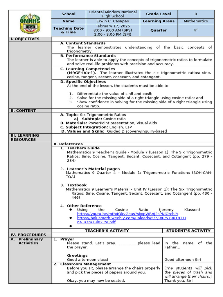 Trigonometric Ratios Lesson Plan | PDF | Trigonometric Functions ...